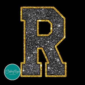 Black Gold Glitter Varsity Alphabet Clip Art, Sport College Style ...