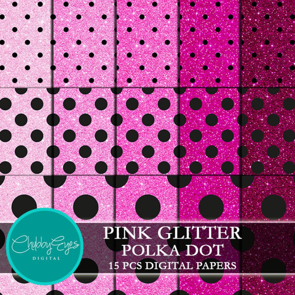 Pink Glitter Polka Dot Digital Papers, Scrapbook Papers Black Polka ...