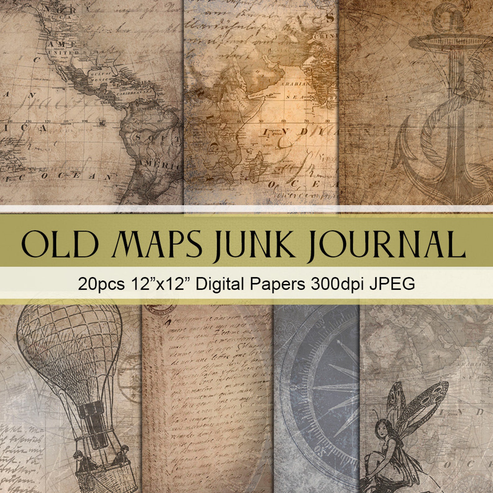 Old Maps and Old Writing Collage Papers, Printable Vintage Junk Journal ...