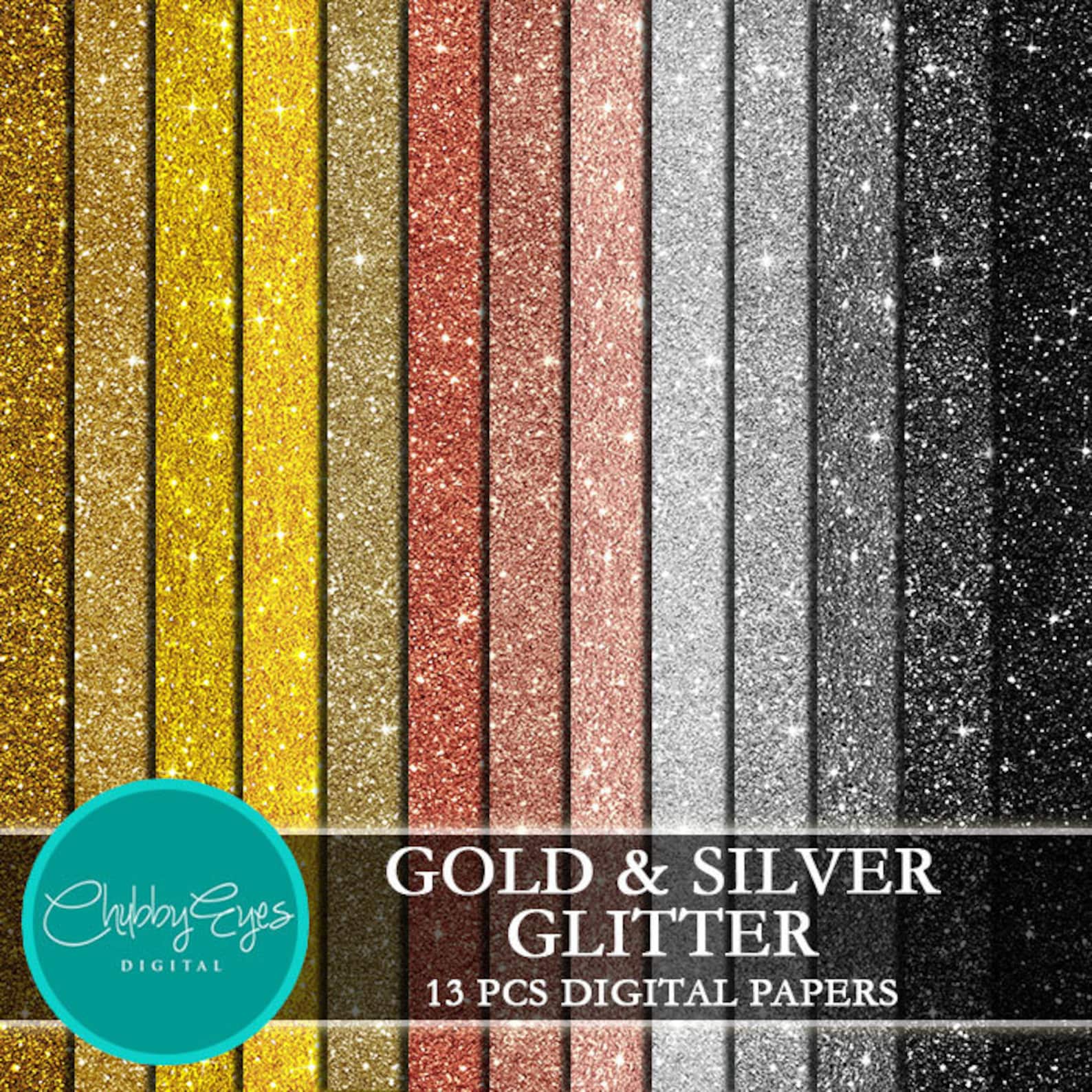 Gold and Silver Glitter Digital Papers, Scrapbook Papers Black Sparkles ...
