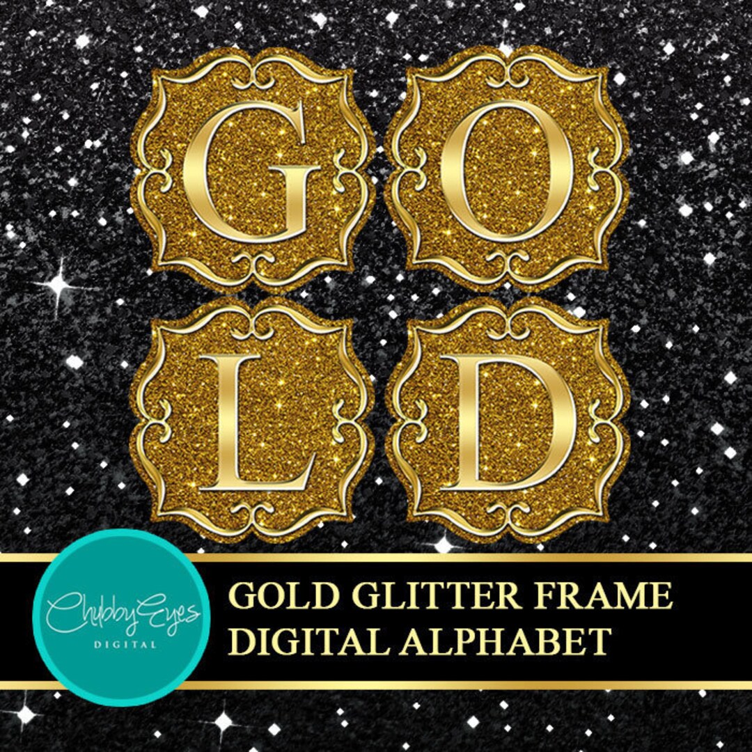 Gold Glitter Frame Digital Alphabet, Numbers Clip Art, Digital Sparkle ...