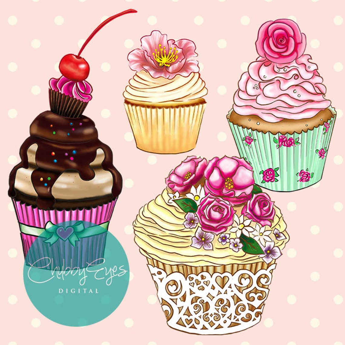 Cupcake Clipart, Digital Papers, Line Art Cute Vector Illustration ...