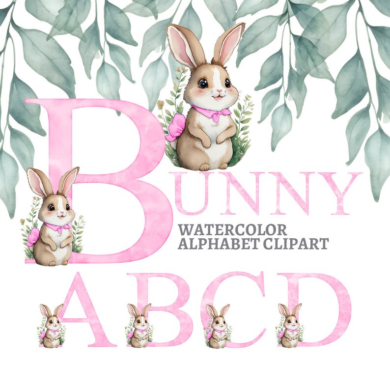 Pink Watercolor Alphabet, Bunny PNG Lettering Clip Art- Digital Instant ...