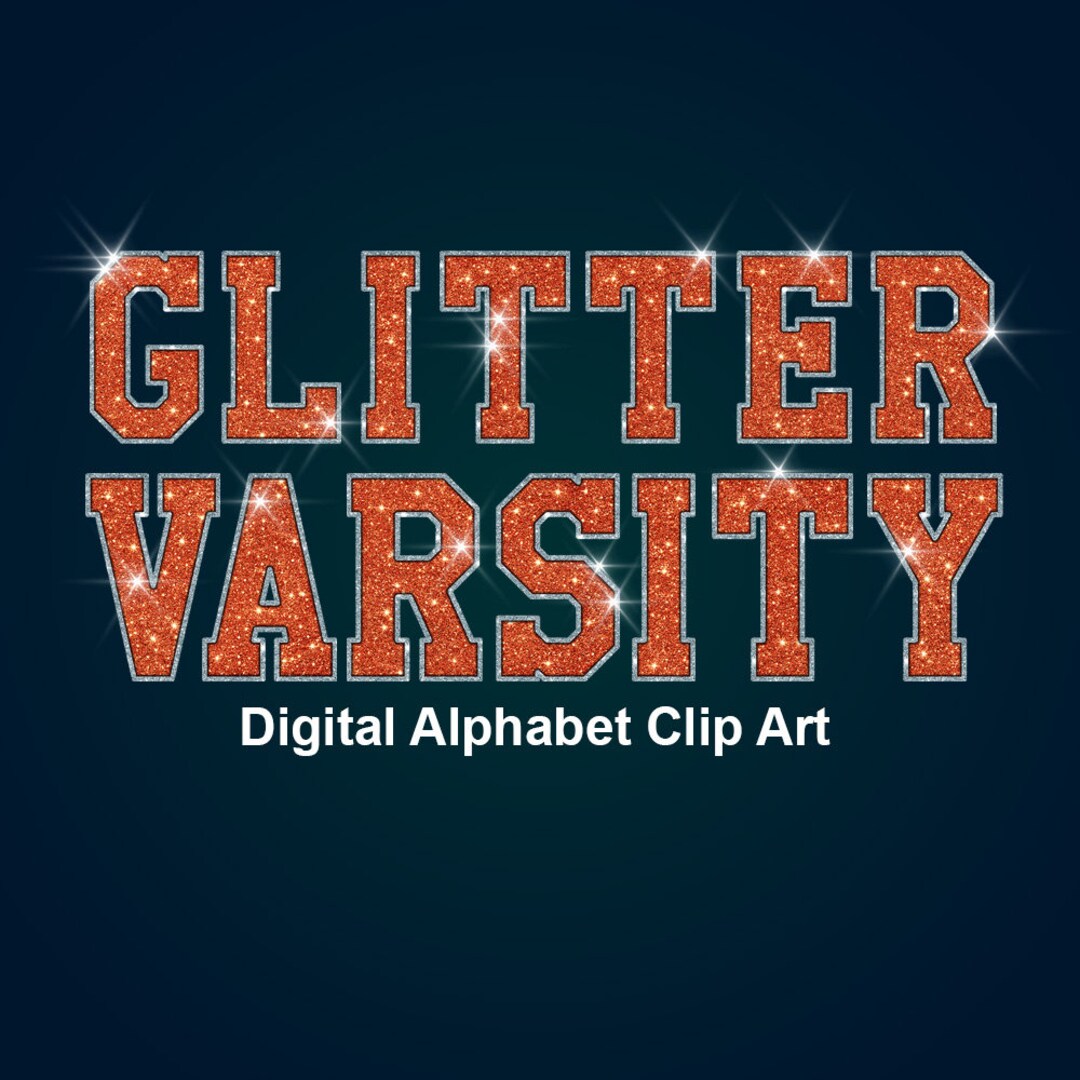 Orange Silver Glitter Varsity Alphabet Clip Art, Sport College Style ...