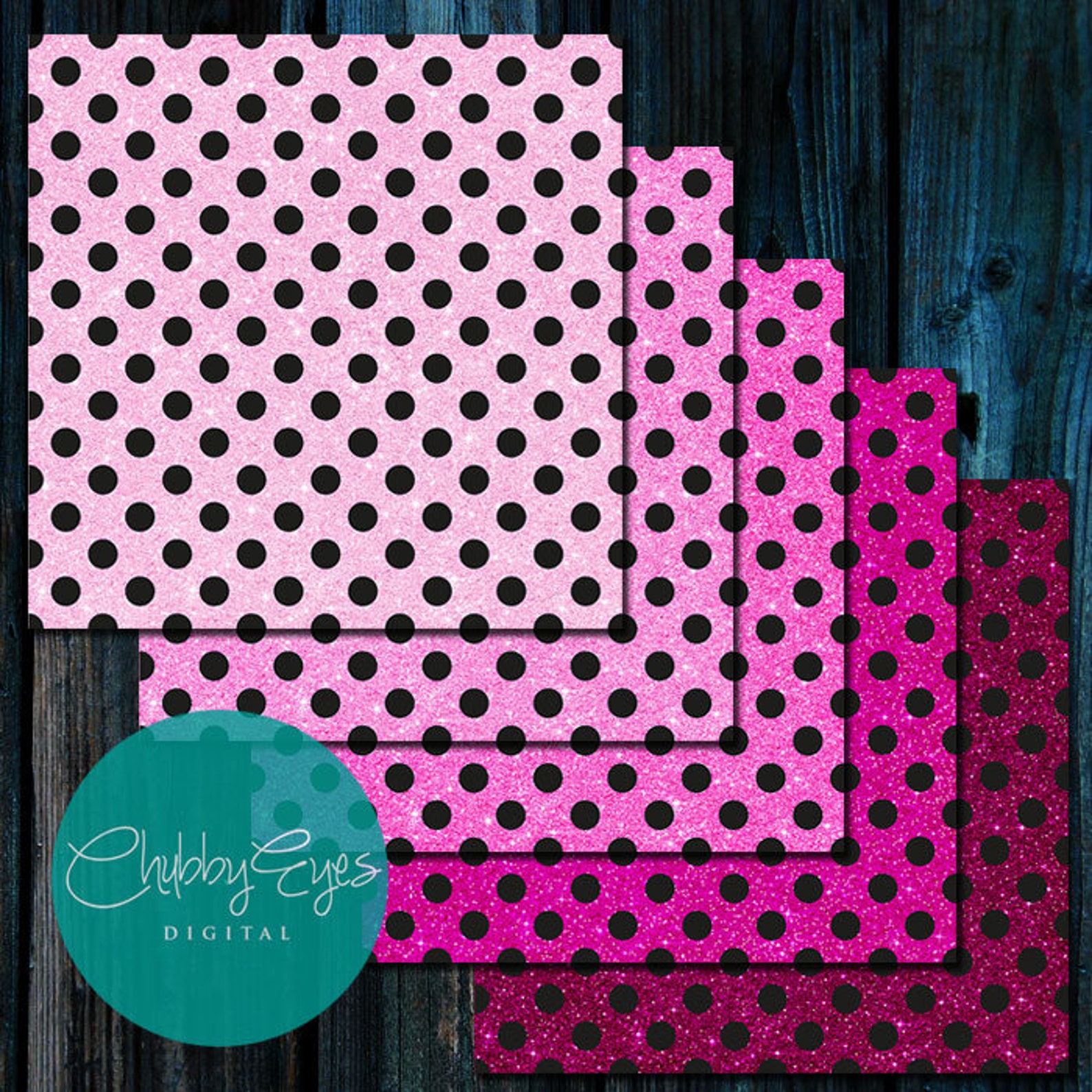 Pink Glitter Polka Dot Digital Papers Scrapbook Papers Black | Etsy