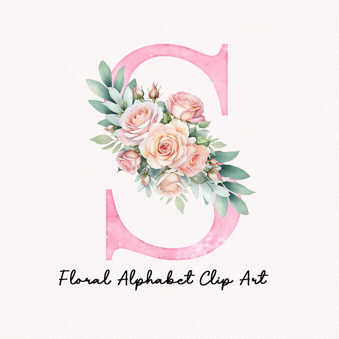 Watercolor Flower Alphabet Clip Art, Pink Lettering Clip Art- Digital ...