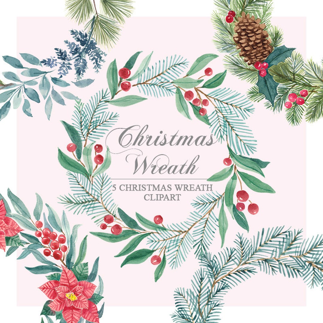Watercolor Christmas Wreath, Clip Art, Hand Painted Flowers Wreath ...