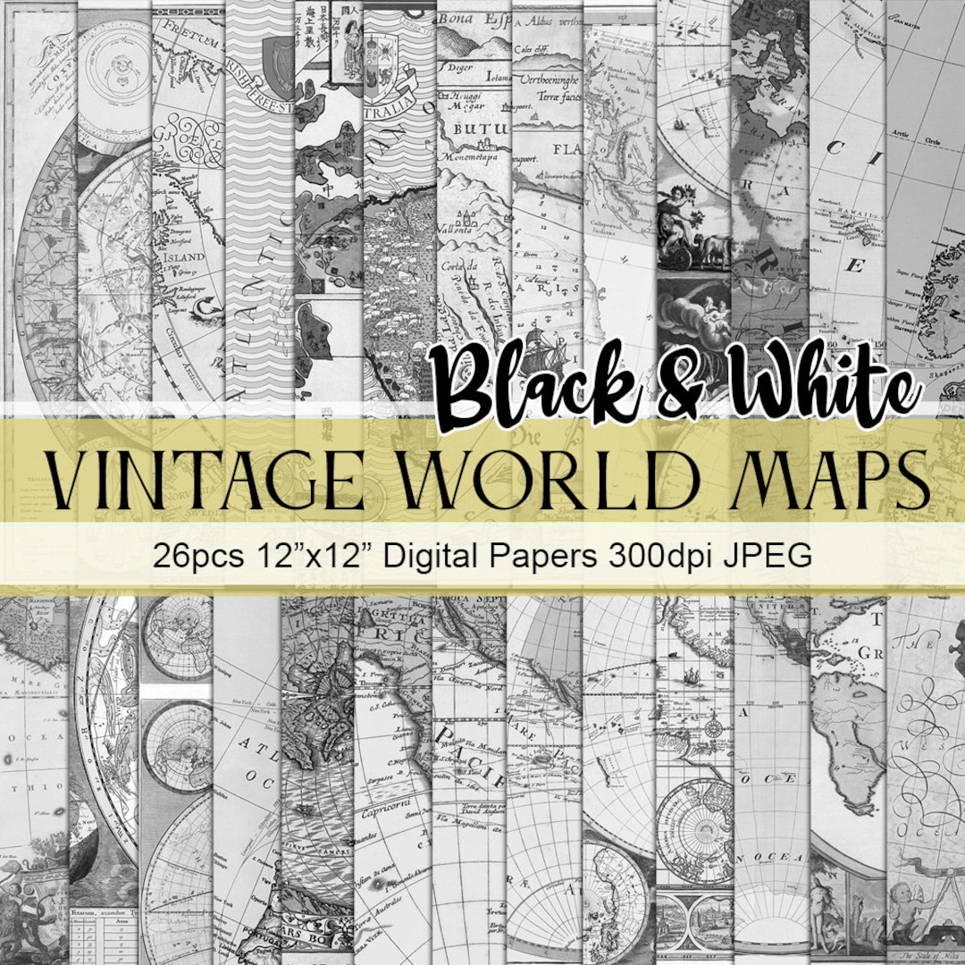 Vintage World Map, Black & White, Antique Map, Scrapbook Papers ...