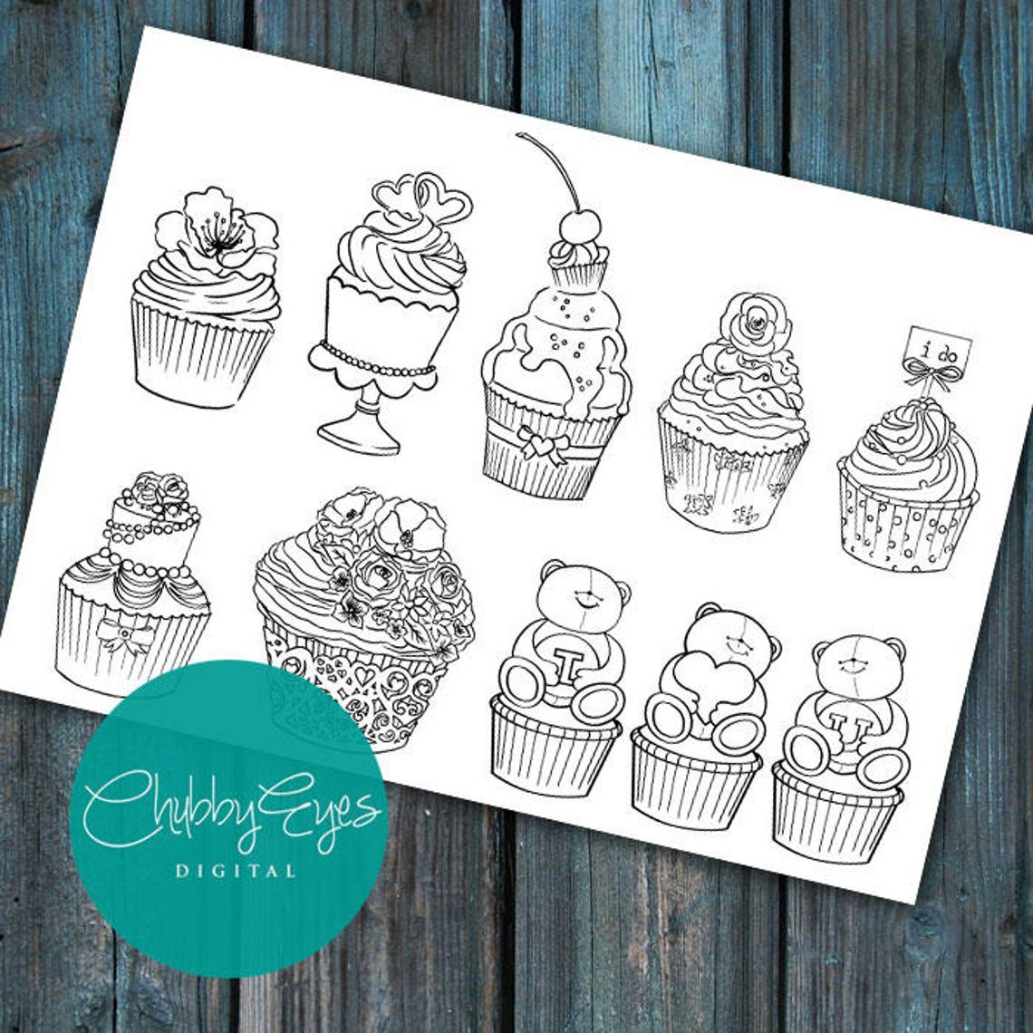 Cupcake Clipart, Digital Papers, Line Art Cute Vector Illustration ...