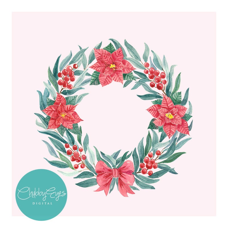 Watercolor Christmas Wreath, Clip Art, Hand Painted Flowers Wreath ...