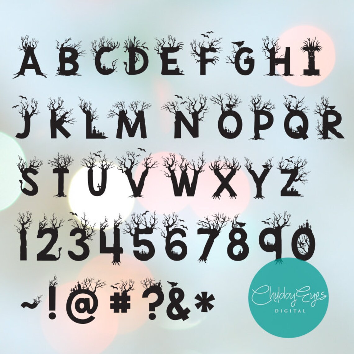 Spooky Alphabet, Halloween Digital Vector, Haunted Tree Letter, Numbers ...
