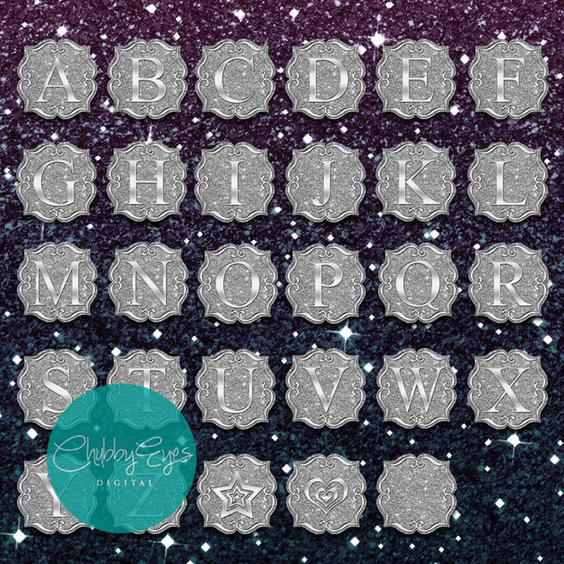 Silver Glitter Digital Alphabet, Frame Clip Art, Digital Sparkle Font ...