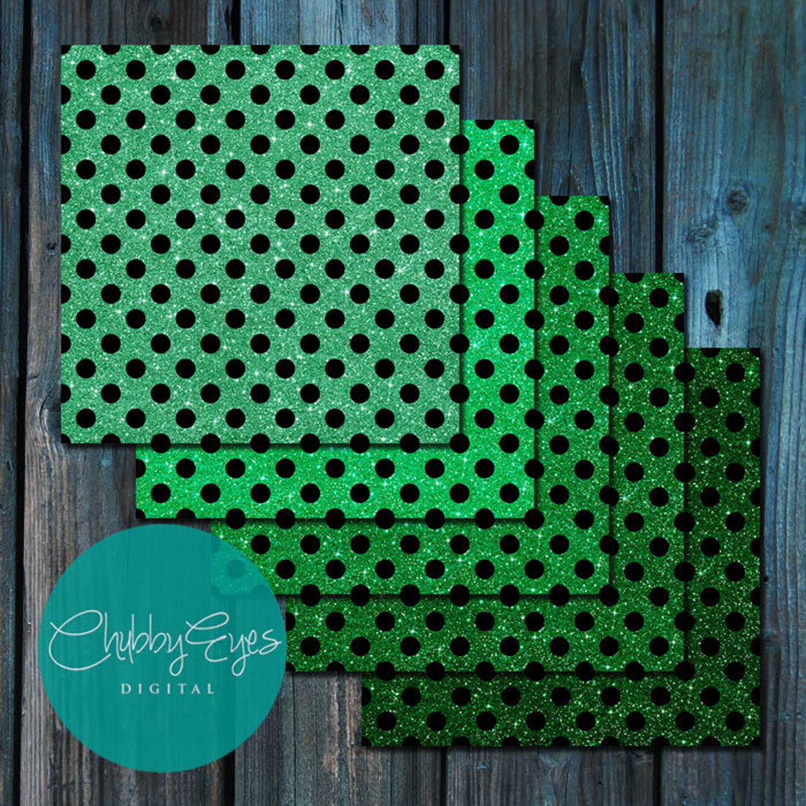 Green Glitter Polka Dot Digital Papers, Scrapbook Papers Black Polka ...