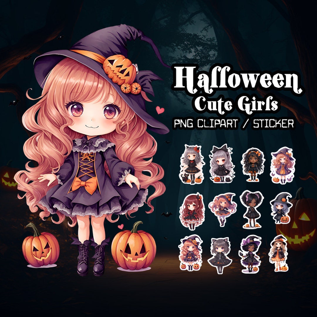 Halloween Cute Girl Clip Art, Halloween Chibi Style Girls Illustration ...