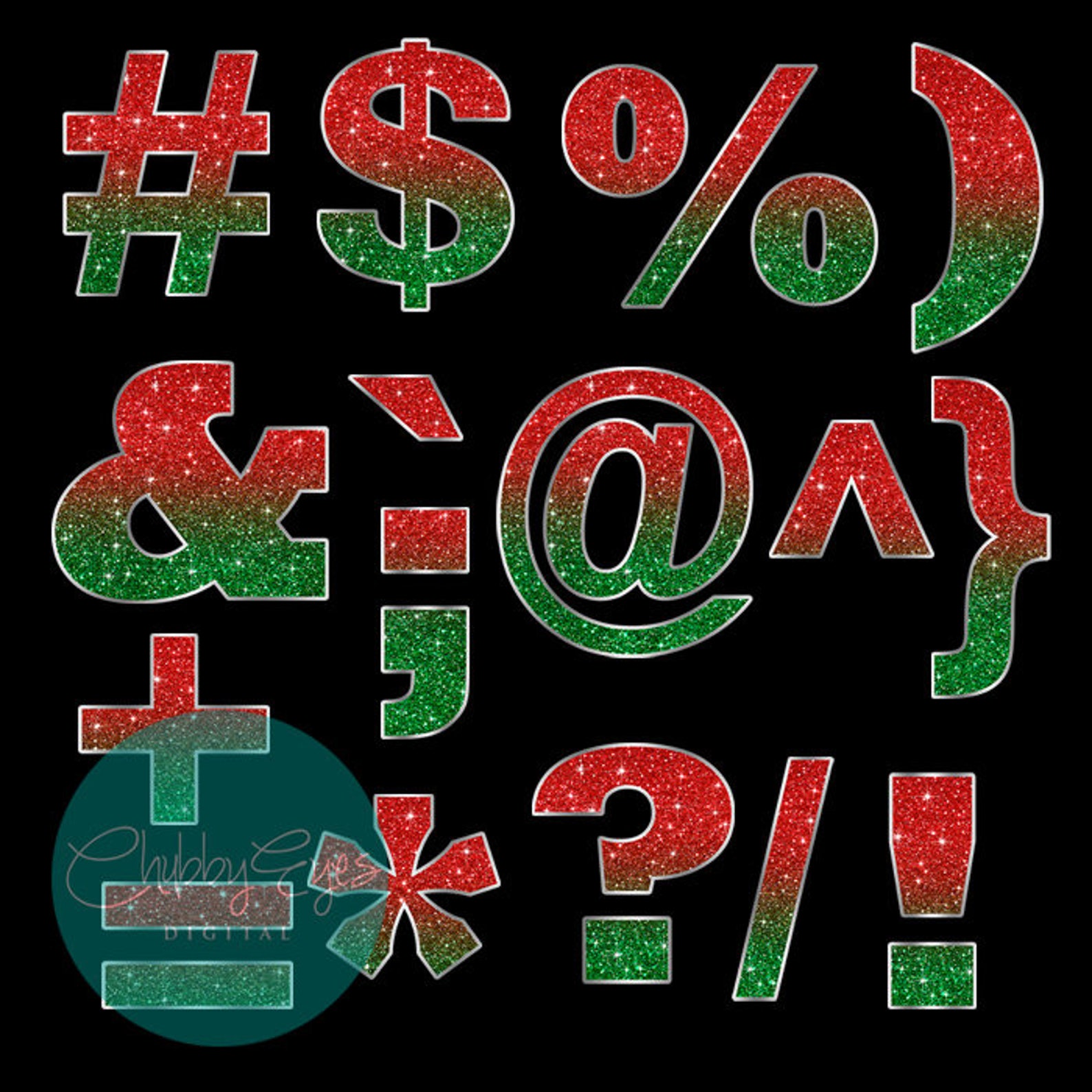 Christmas Red Green Glitter Digital Alphabet, Numbers, Punctuation Clip ...