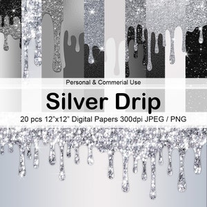 Silver Glitter Drip Digital Papers, Silver Gradient Background ...