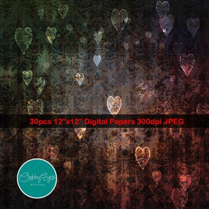 Red Heart Gothic Digital Papers, Halloween Scrapbook Papers, Glitter ...