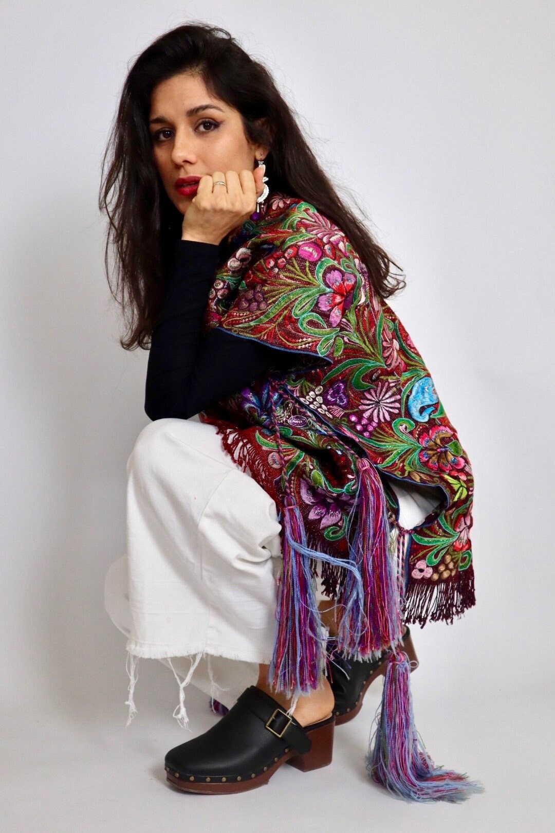 Embroidered Floral Mexican Poncho, Mexican Cover-up, Cover-up, Sarape ...