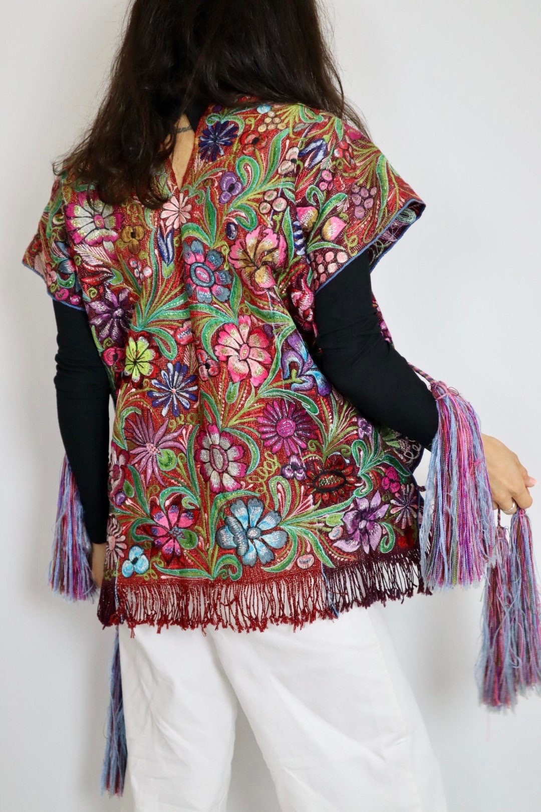 Floral Mexican Poncho, Jorongo, Mexican Cover-up, Poncho, Statement ...