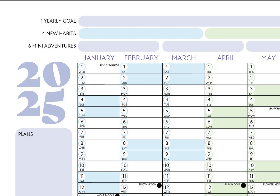 2025 Full Year Calendar Planner With Goal Settings | Digital File - Etsy