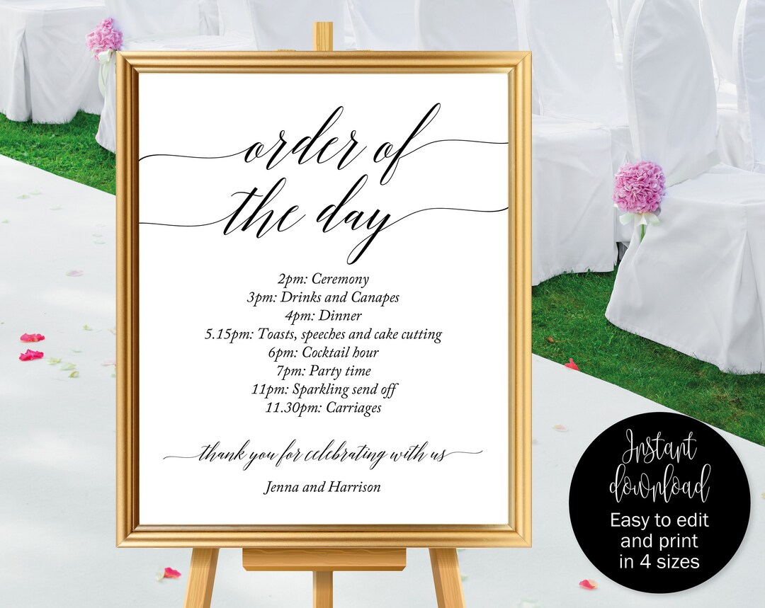 Wedding Order of Events Template, Wedding Order of the Day Sign ...