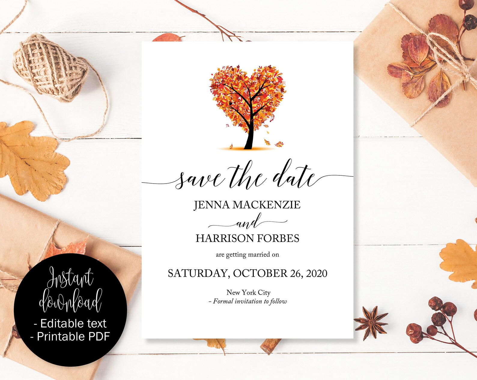 Autumn Fall Love Tree Wedding Invitation Template Set, Save the Date ...
