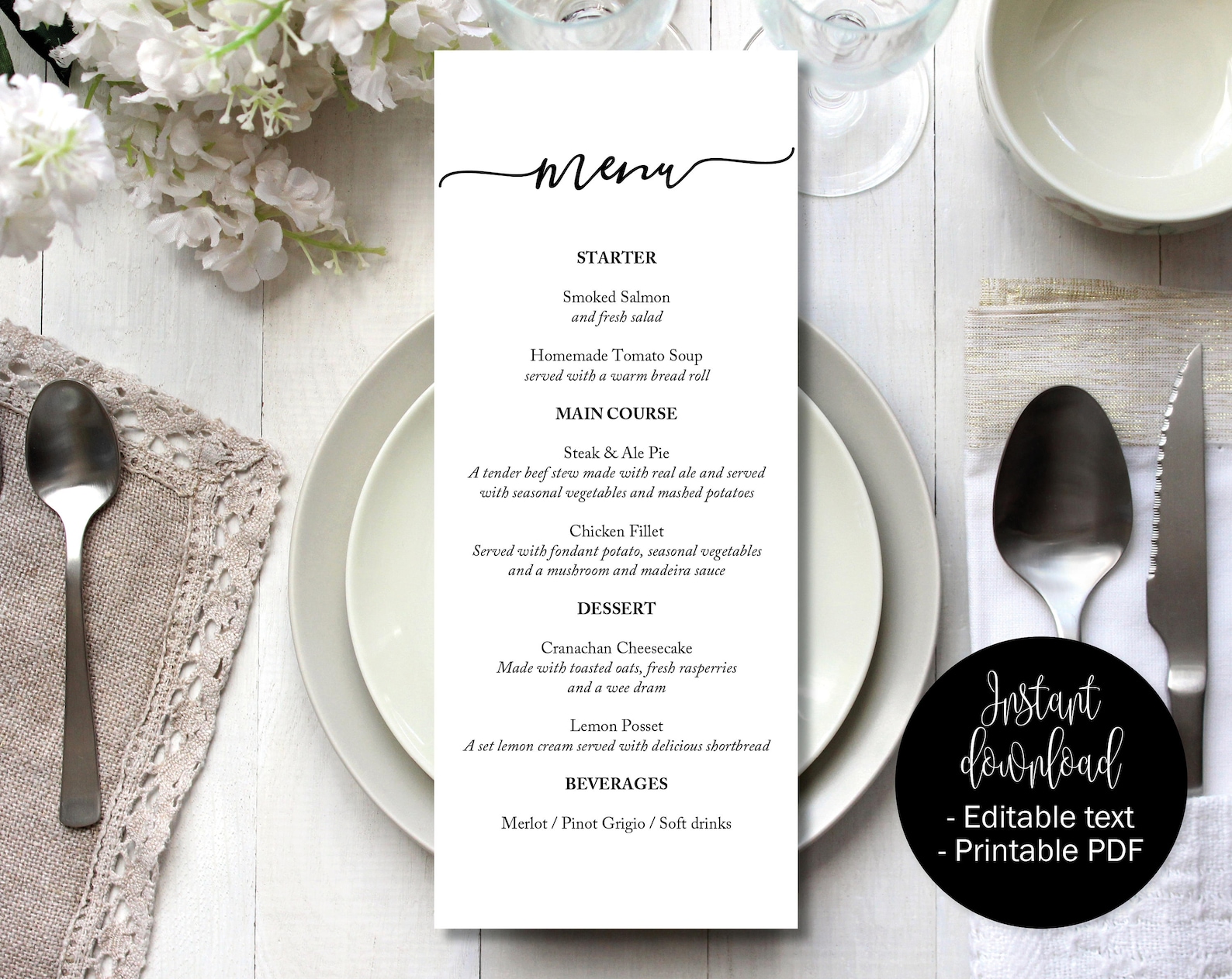 Printable Wedding Menu Cards Wedding Day Menu Template Menu | Etsy