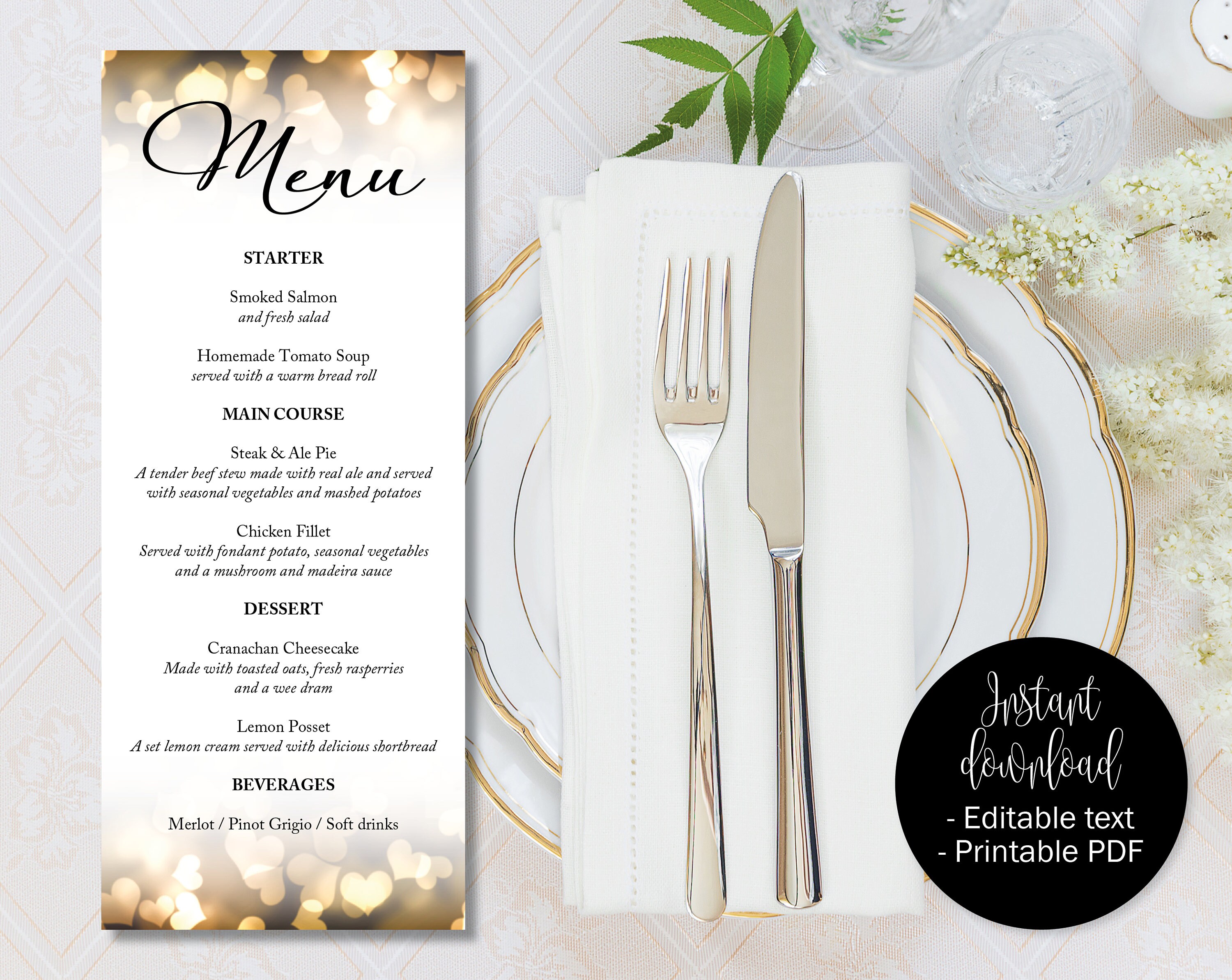 Gold Hearts Wedding Menu Gold Wedding Day Gold Menu Template - Etsy Canada