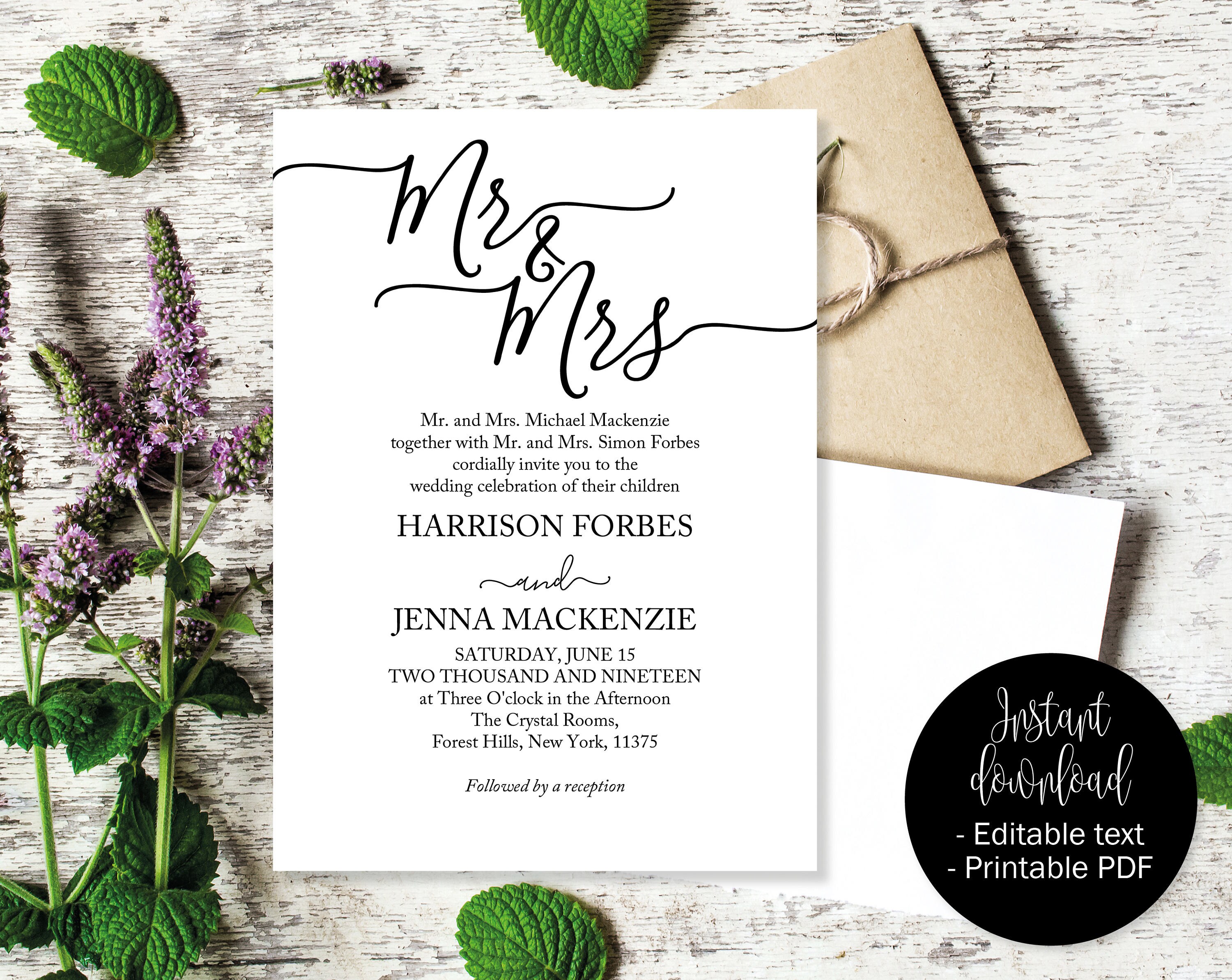 Paper Printable Wedding Invite 2 Instant Download Editable PDF Greenery ...