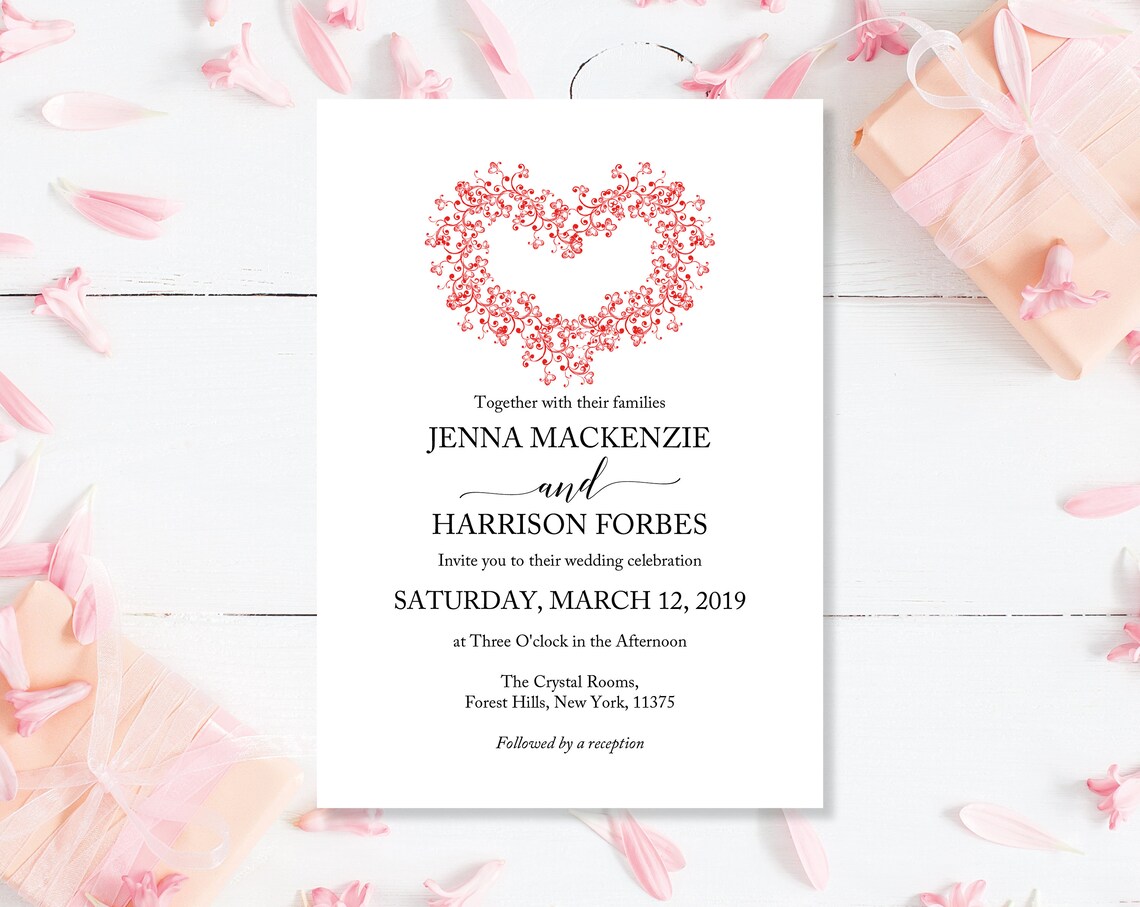 Printed Wedding Invitation Pink Heart Wedding Invite Wedding | Etsy UK
