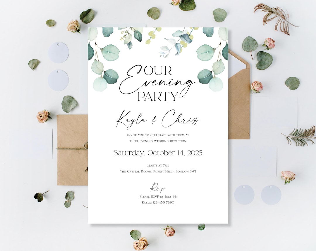Reception Evening Wedding Invitations Invites Eucalyptus Happily Ever ...