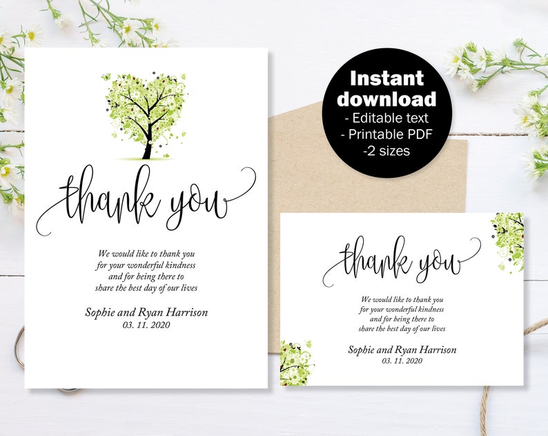 Spring Green Tree Thank You Wedding Cards, Wedding Thank You Template ...