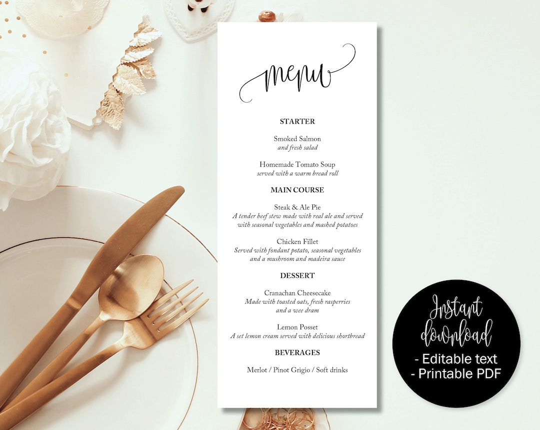 Wedding Day Menu Template, Printable Wedding Menu Cards, Editable ...