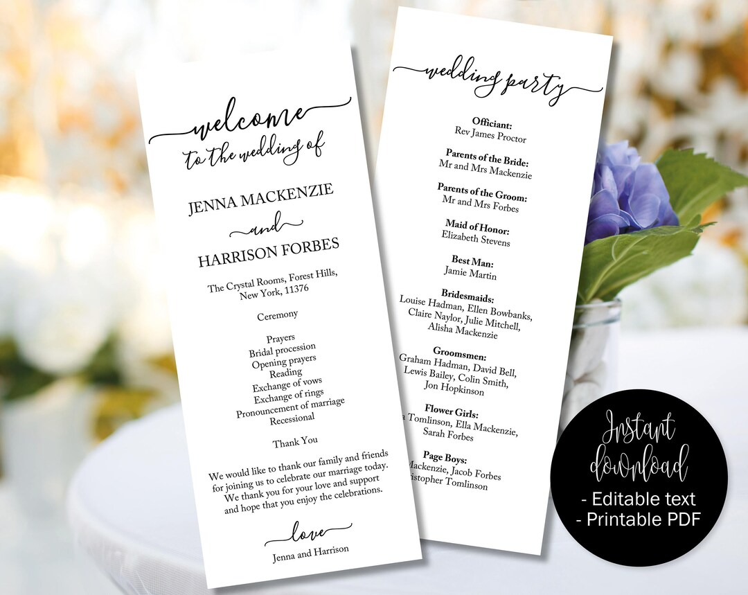 Wedding Program Template Printable, Wedding Day Ceremony Order of ...
