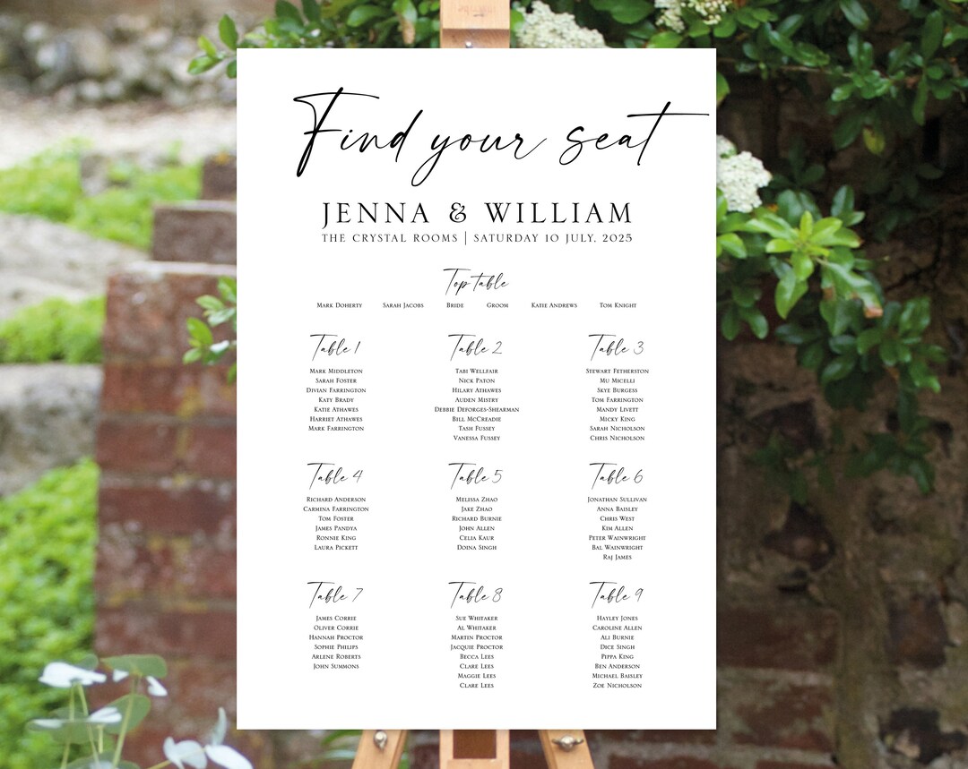 Printed Find Your Seat Sign, Wedding Table Plan, Wedding Seating Chart ...