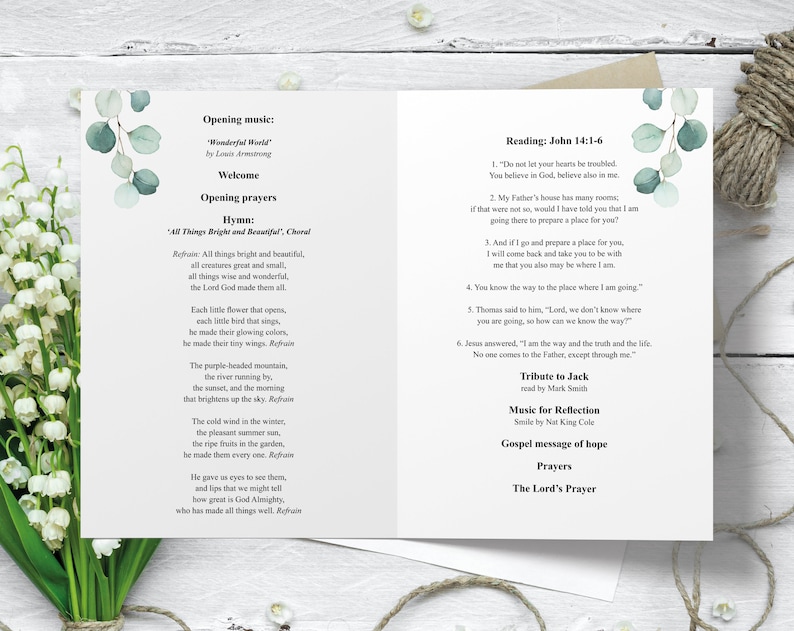 PRINTED Order of Service Funeral Program Eucalyptus Funeral - Etsy