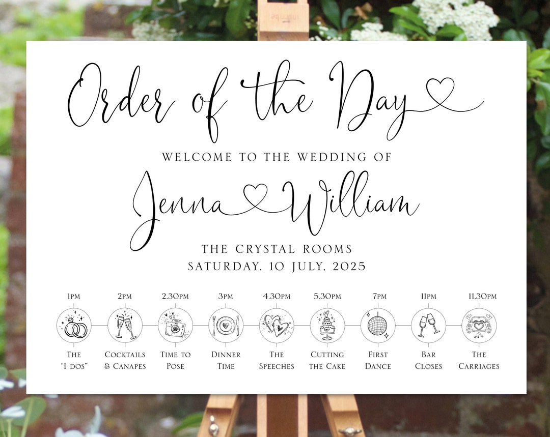 Printed Wedding Order of the Day Sign, Order of Events, Wedding ...