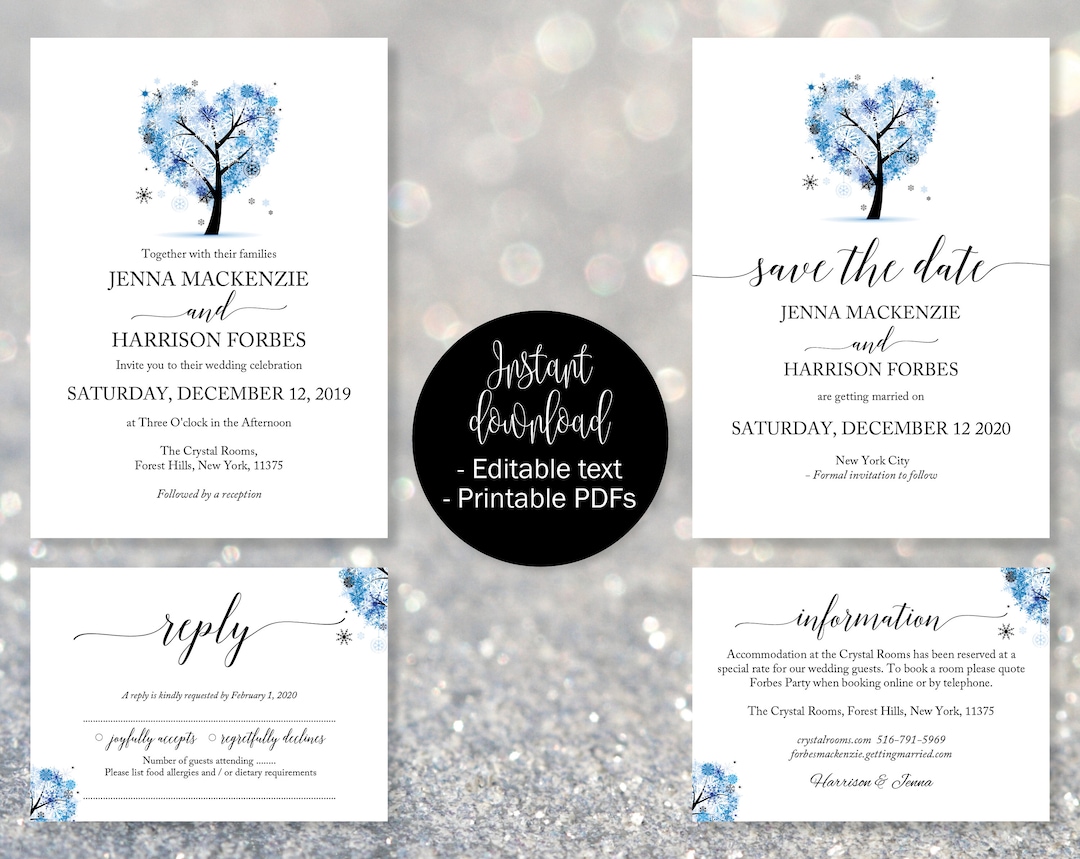 Blue Winter Love Tree Wedding Invitation Template Set, Save the Date ...