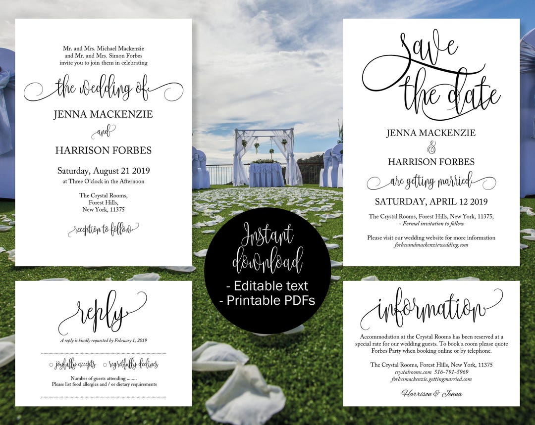 Printable Wedding Invitation Template Set, Save the Date Printable ...