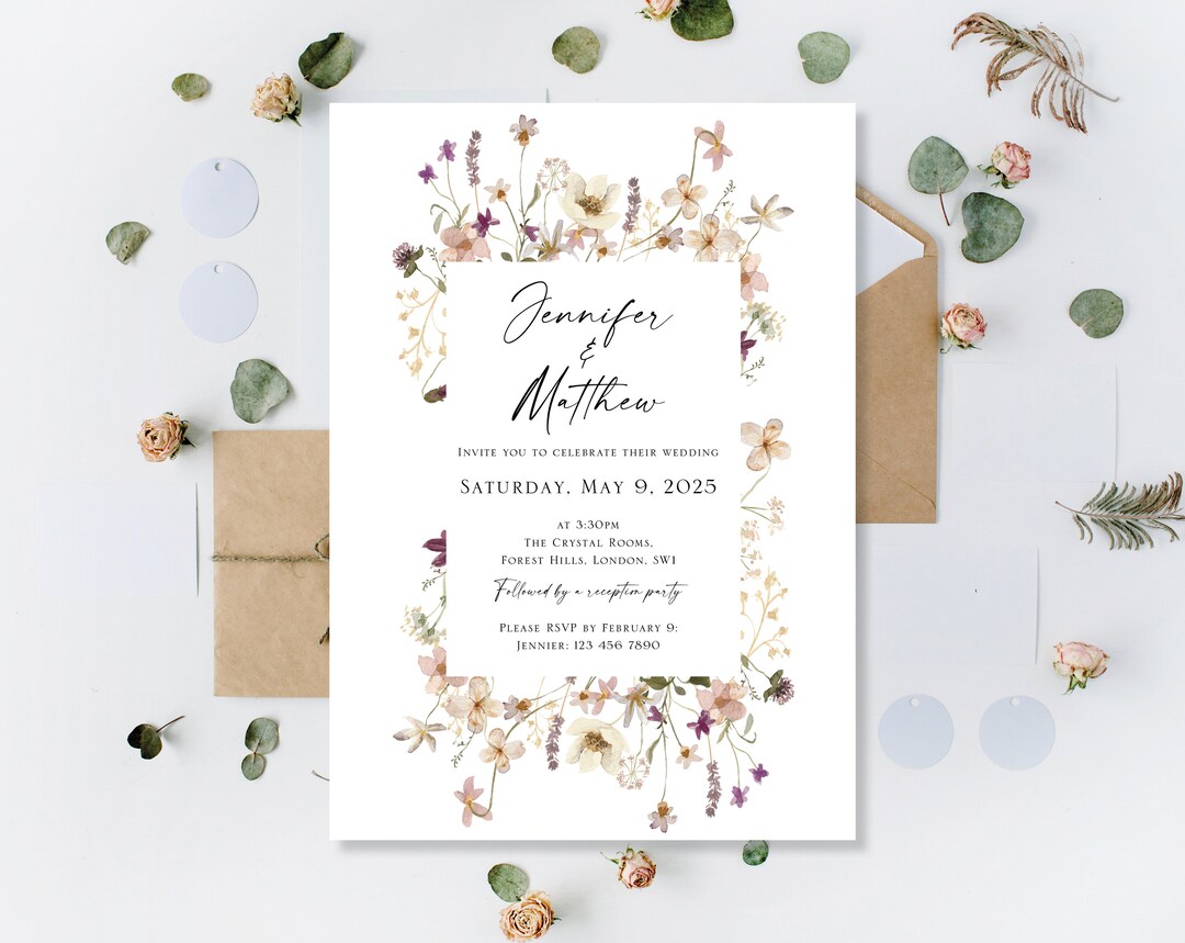 Printed Floral Meadow Wedding Day Evening Reception Party Invitations ...