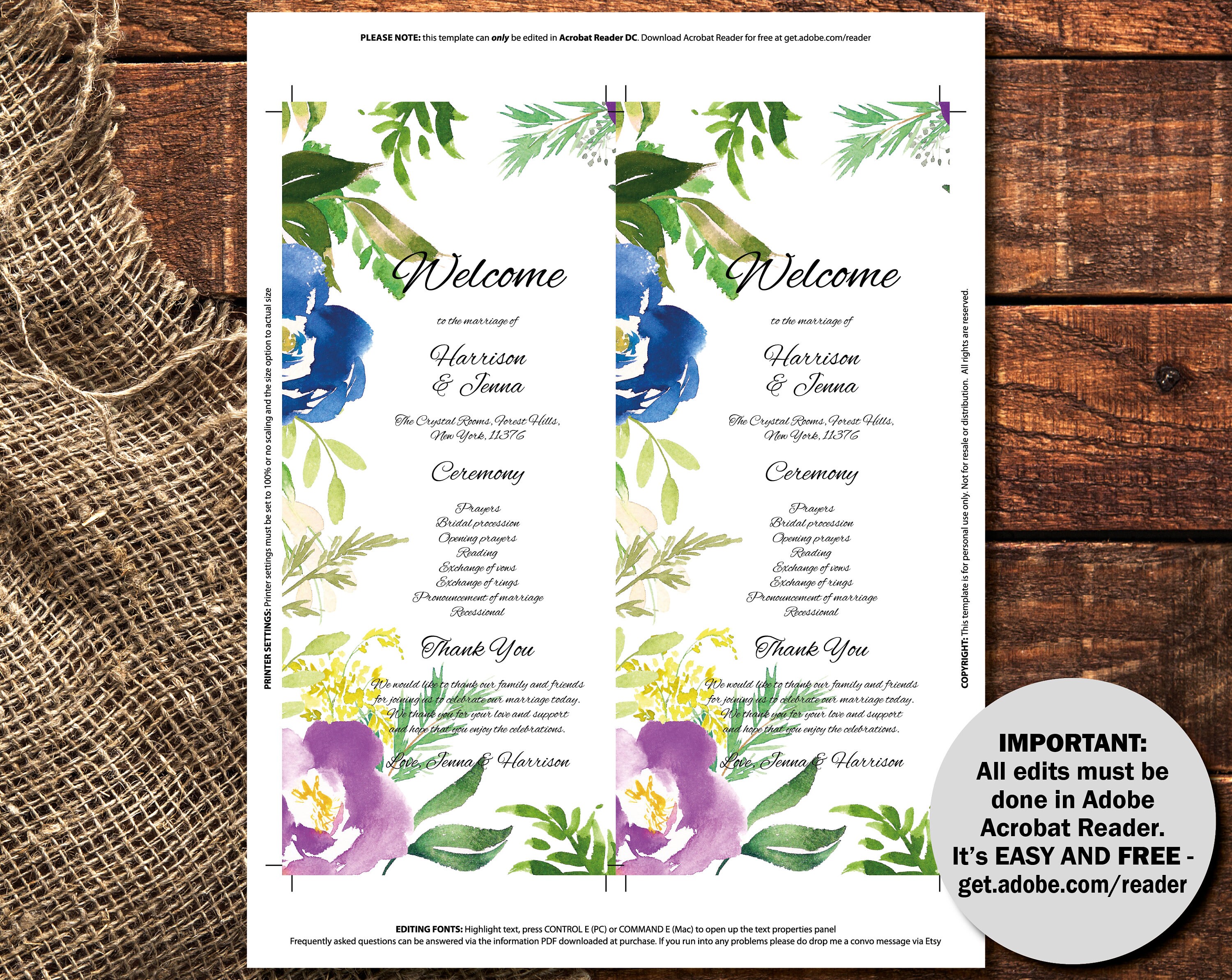 Wedding Day Program Template Printable Wedding Program | Etsy