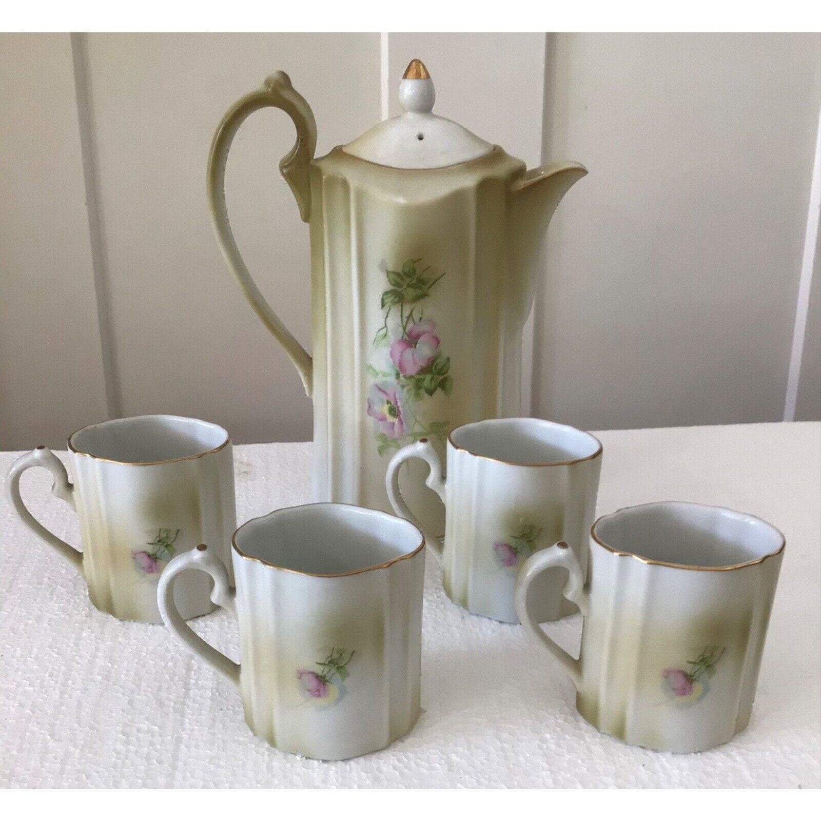 Hand Painted Nippon Chocolate Tea Coffee Pot Set 4 Cups Dogwood Vintage ...