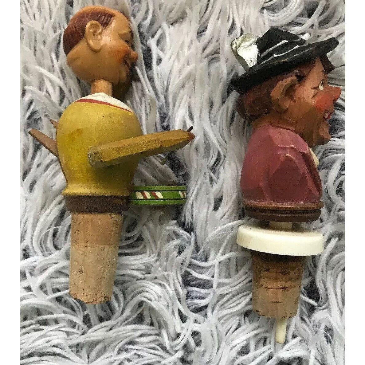 Vintage German Hand Carved Wood Bottle Stop Corks Set 3 W Stand Drummer ...