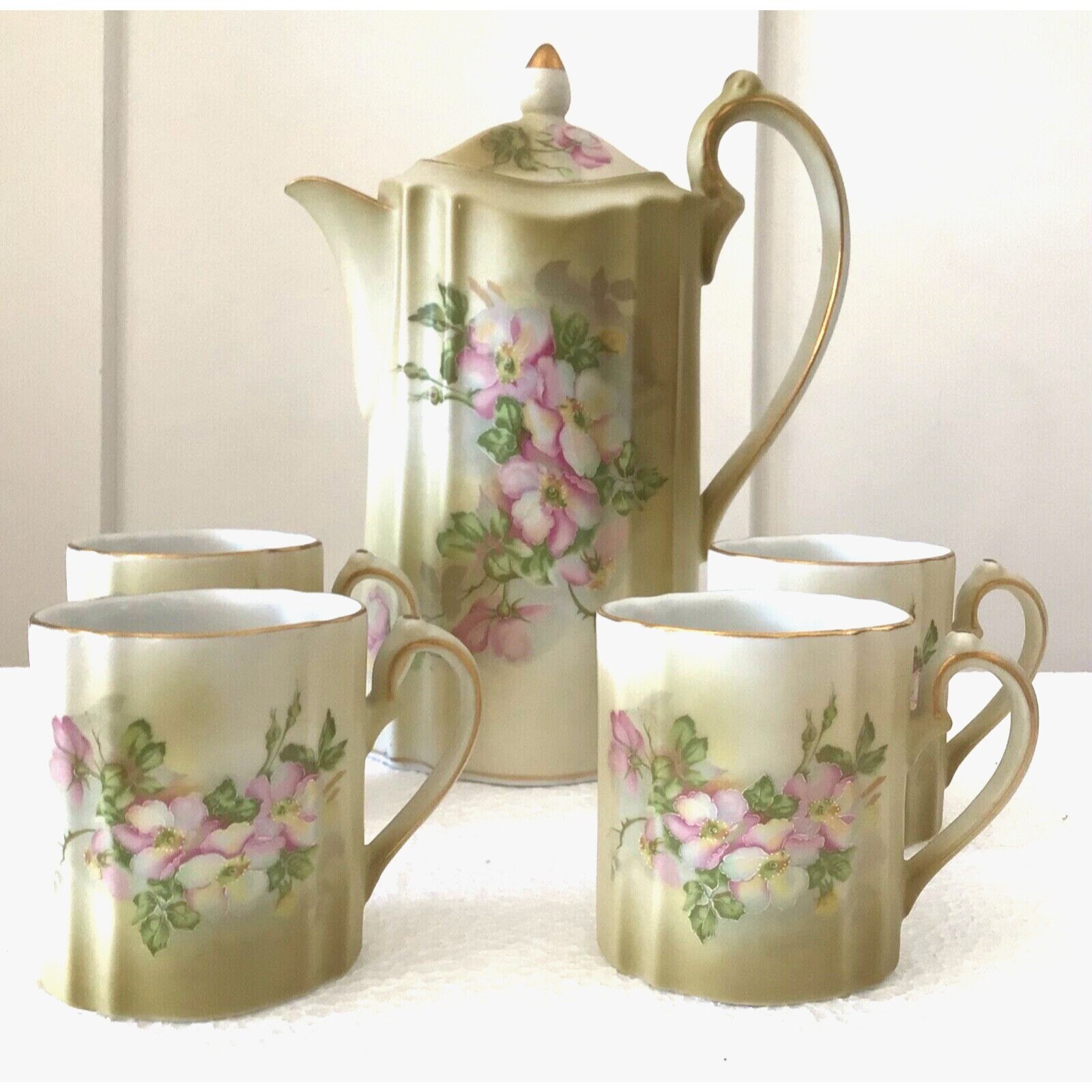 Hand Painted Nippon Chocolate Tea Coffee Pot Set 4 Cups Dogwood Vintage ...