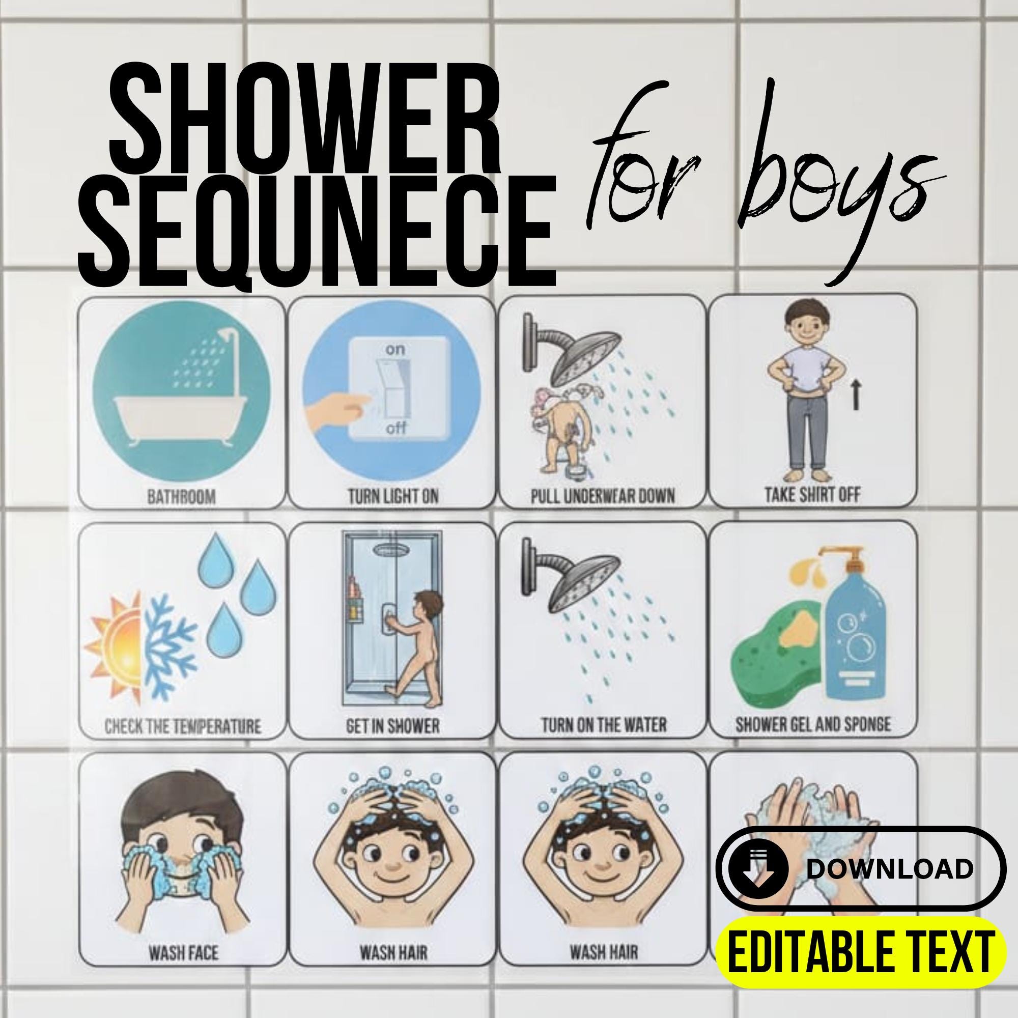 Autism Visual Schedule – Shower Sequence for Boys (printable Editable ...