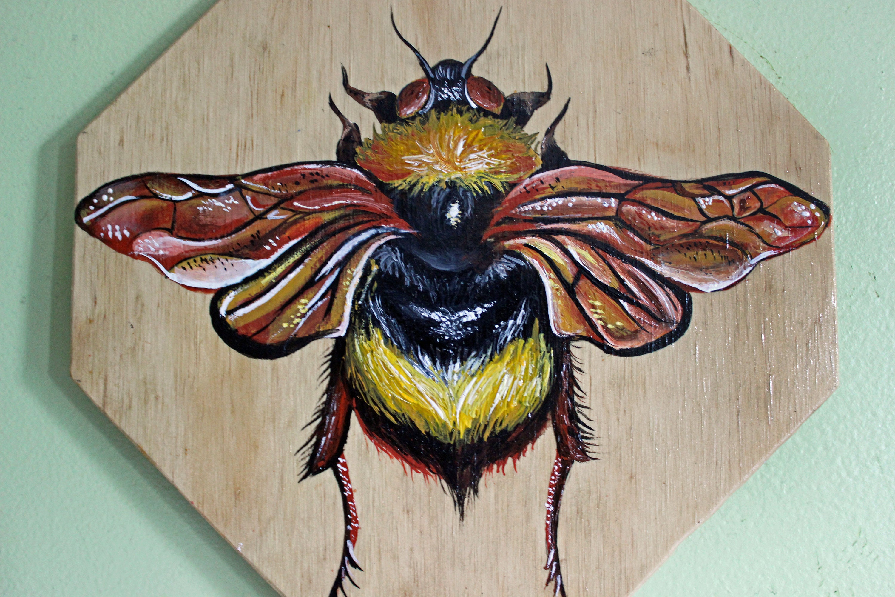 Hand Painted Bumble Bee on Octagon Wood Plaque Original Acrylic Bumble ...