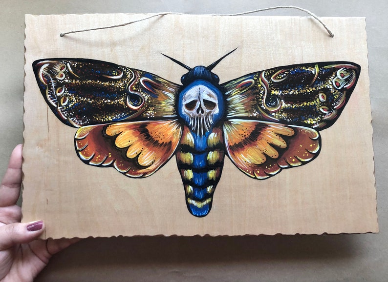 Hand Painted Death's Head Moth on Large Wooden Plaque Original Acrylic ...