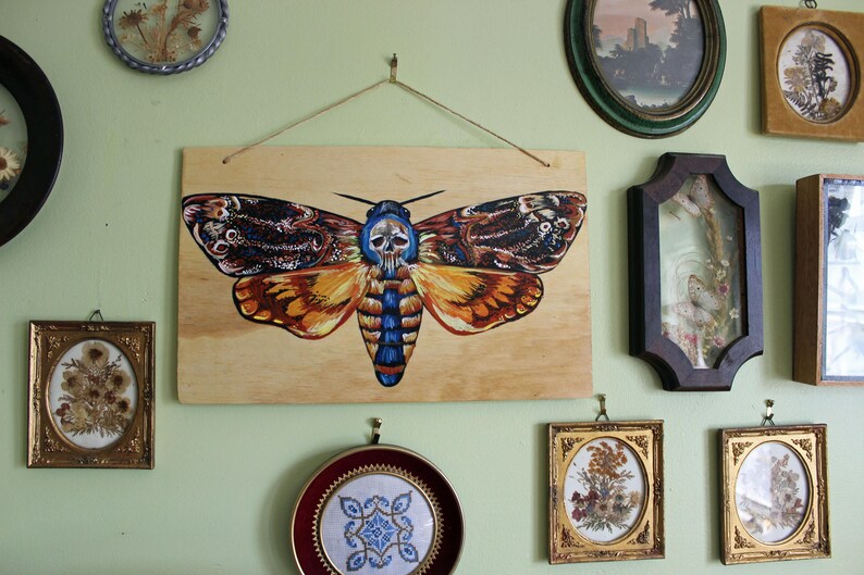 Hand Painted Death's Head Moth on Large Wooden Plaque Original Acrylic ...
