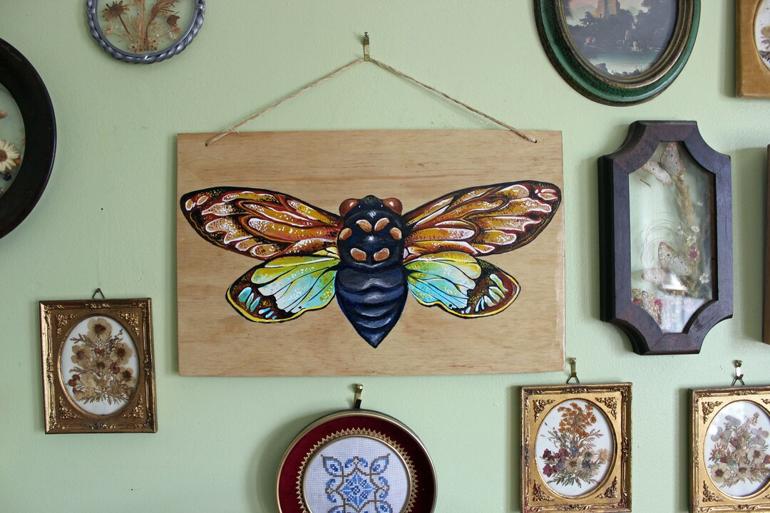 Hand Painted Cicada on Large Wooden Plaque Original Acrylic Colorful ...