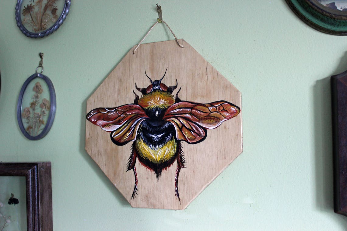Hand Painted Bumble Bee on Octagon Wood Plaque Original Acrylic Bumble ...